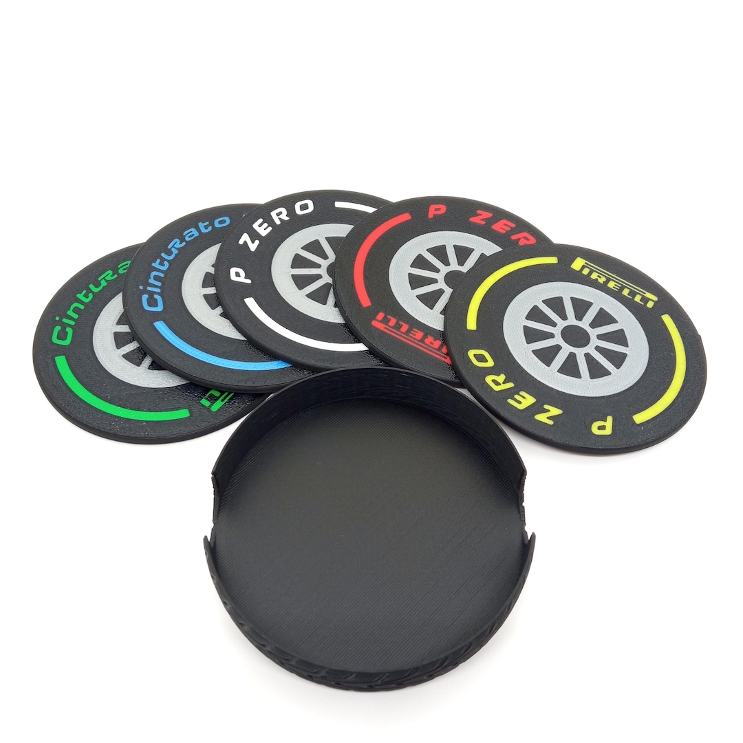 3D Printed Formula One Pirelli Wheel/ Tyre Coaster Set of 5 Plus Holder ...