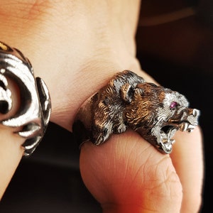Black Grizzly Polar Brown Bear Animal Ring | 925 Sterling Silver Ring ...