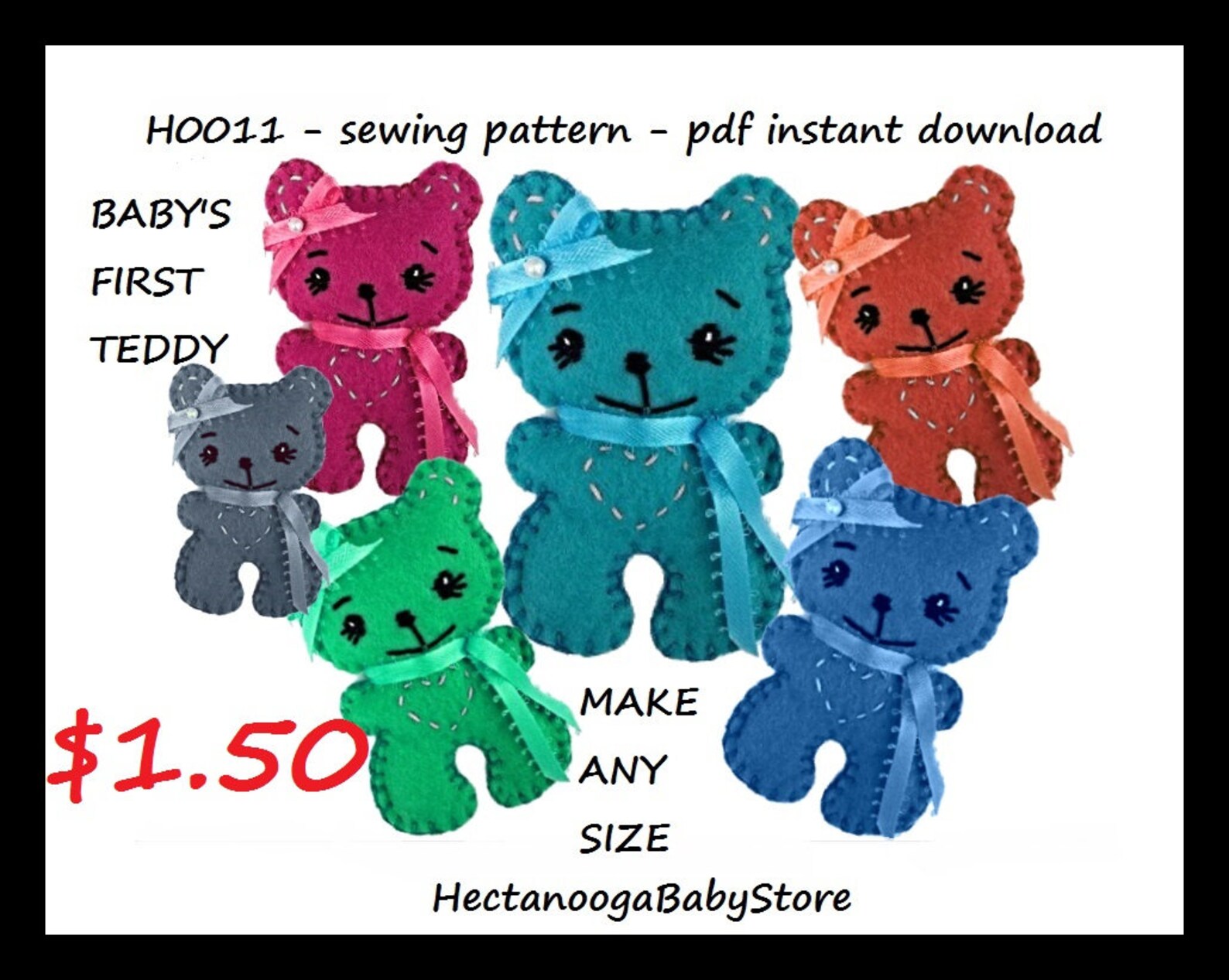 BABY'S FIRST TEDDY Bear, Instant Download Sewing Pattern. Felt Toy, Any ...