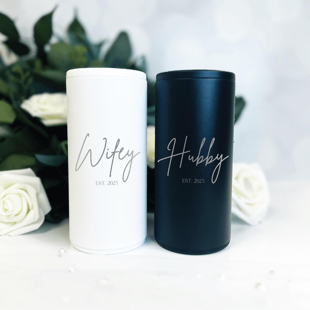 Can Cooler Set: Hubby and Wifey Script (slim, Laser Engraved) - Etsy