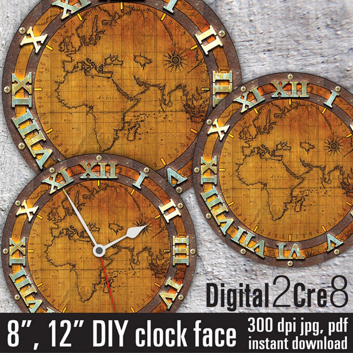 World Map Antique Large Clock Face 12 and 8 - Etsy
