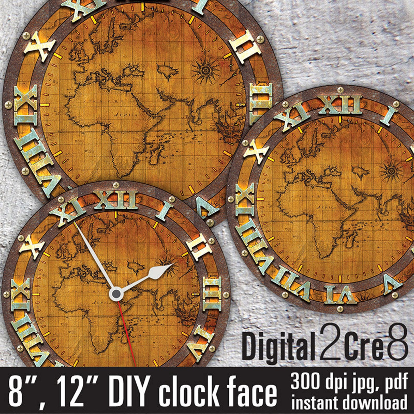 World Map Antique Large Clock Face 12 and 8 - Etsy