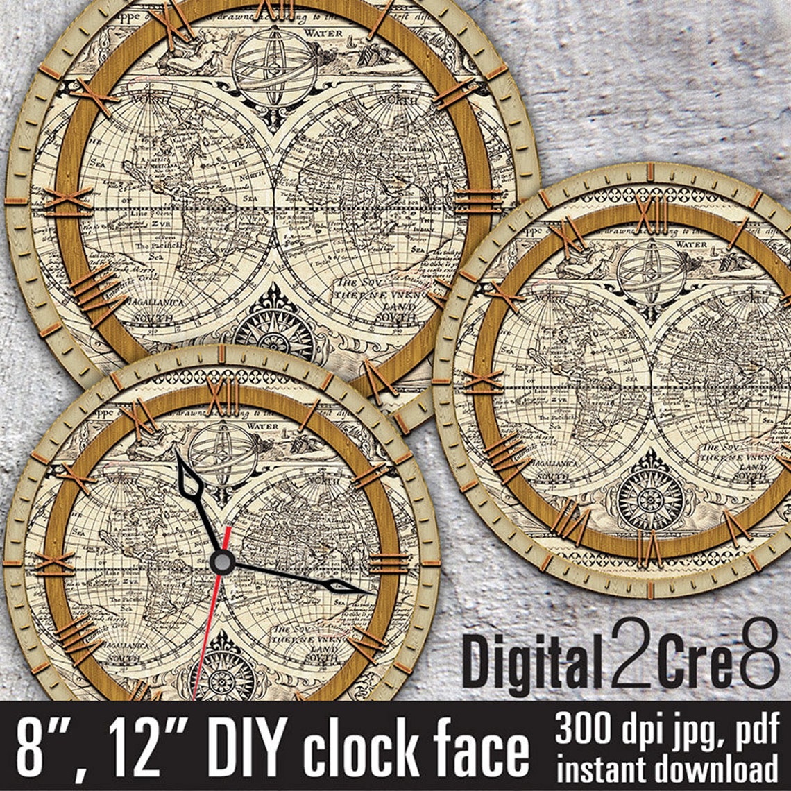 World Map Antique Large Clock Face 12 and 8 - Etsy