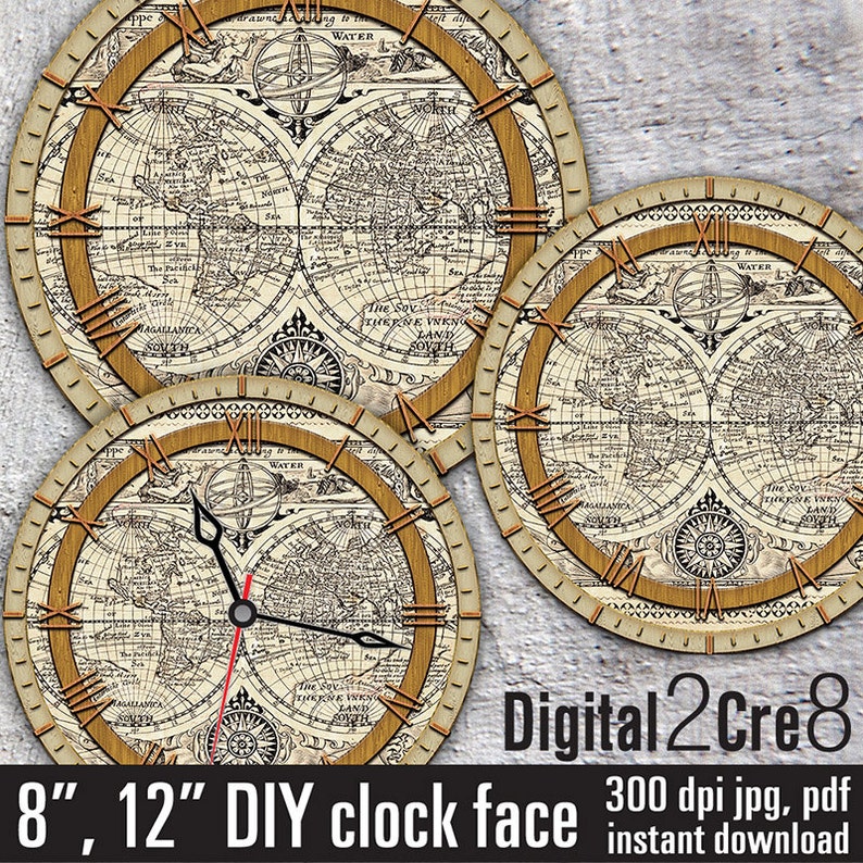 World Map Antique Large Clock Face 12 and 8 - Etsy
