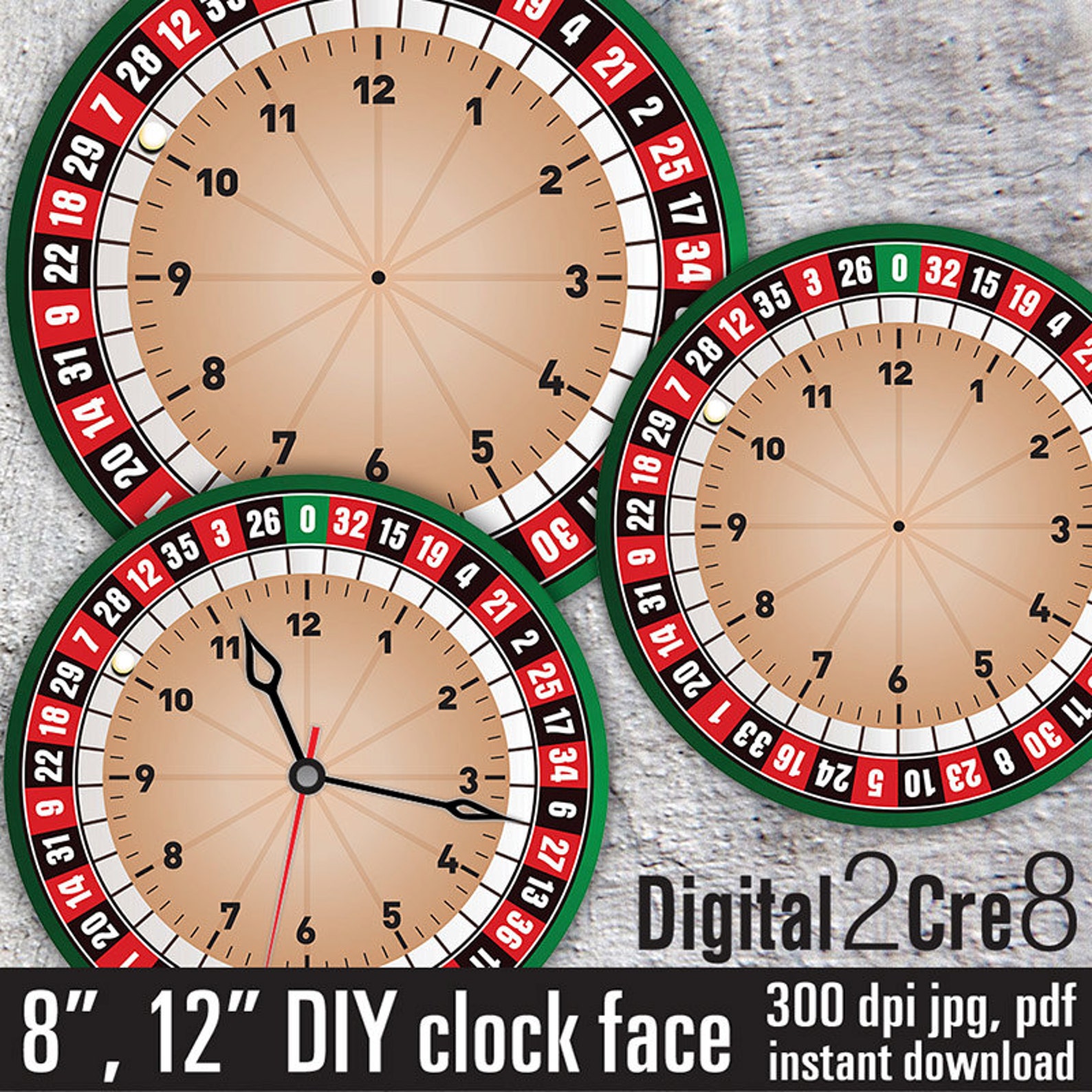 Roulette Style Large Clock Face 12 and 8 Digital Downloads DIY ...