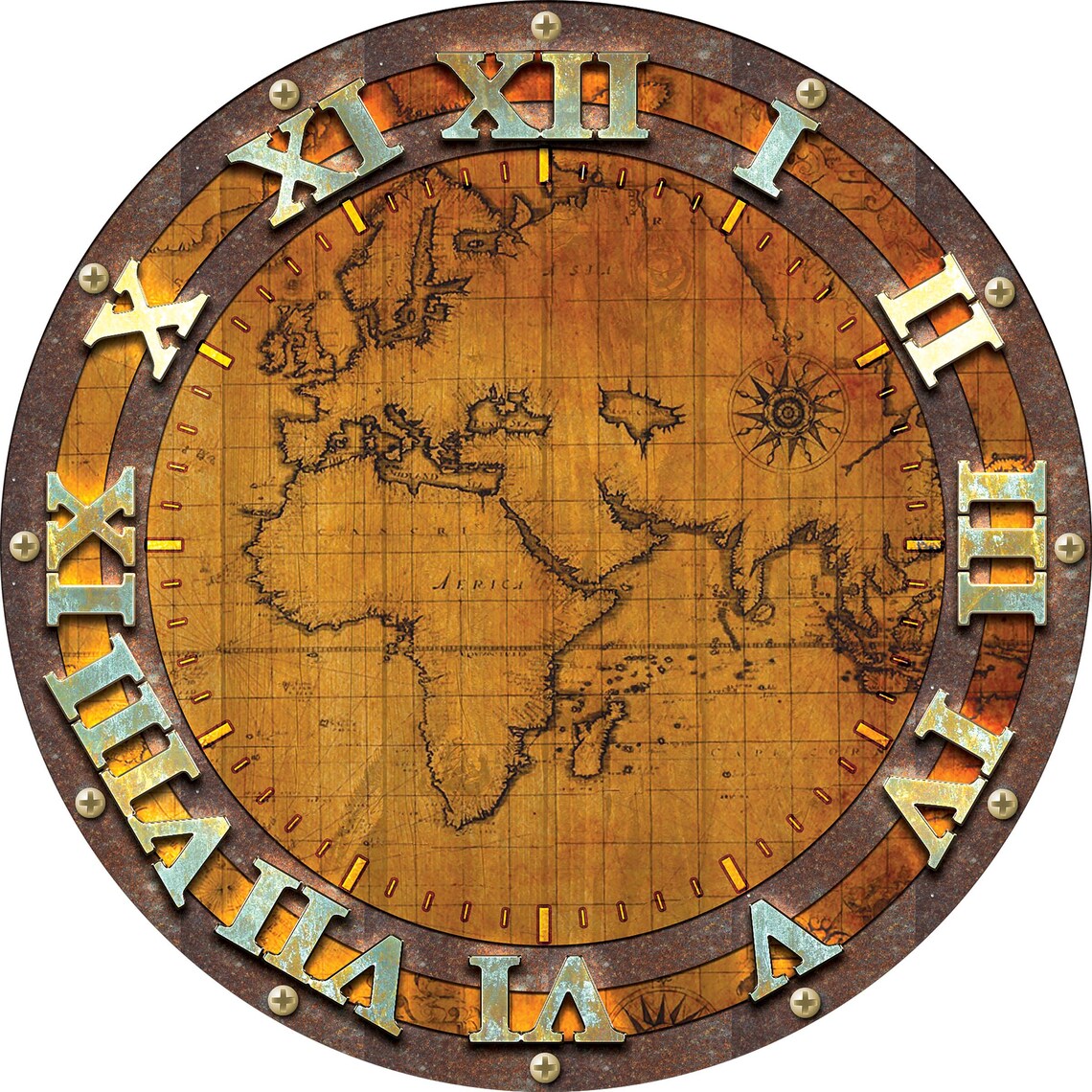 World Map Antique Large Clock Face - 12" and 8" Digital Downloads - DIY ...