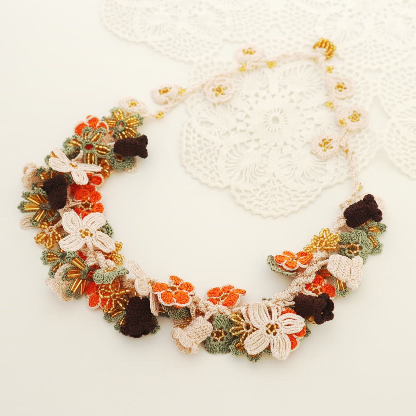 Turkish OYA Lace Necklace BIJOU Golden Savanna/ Crocheted - Etsy