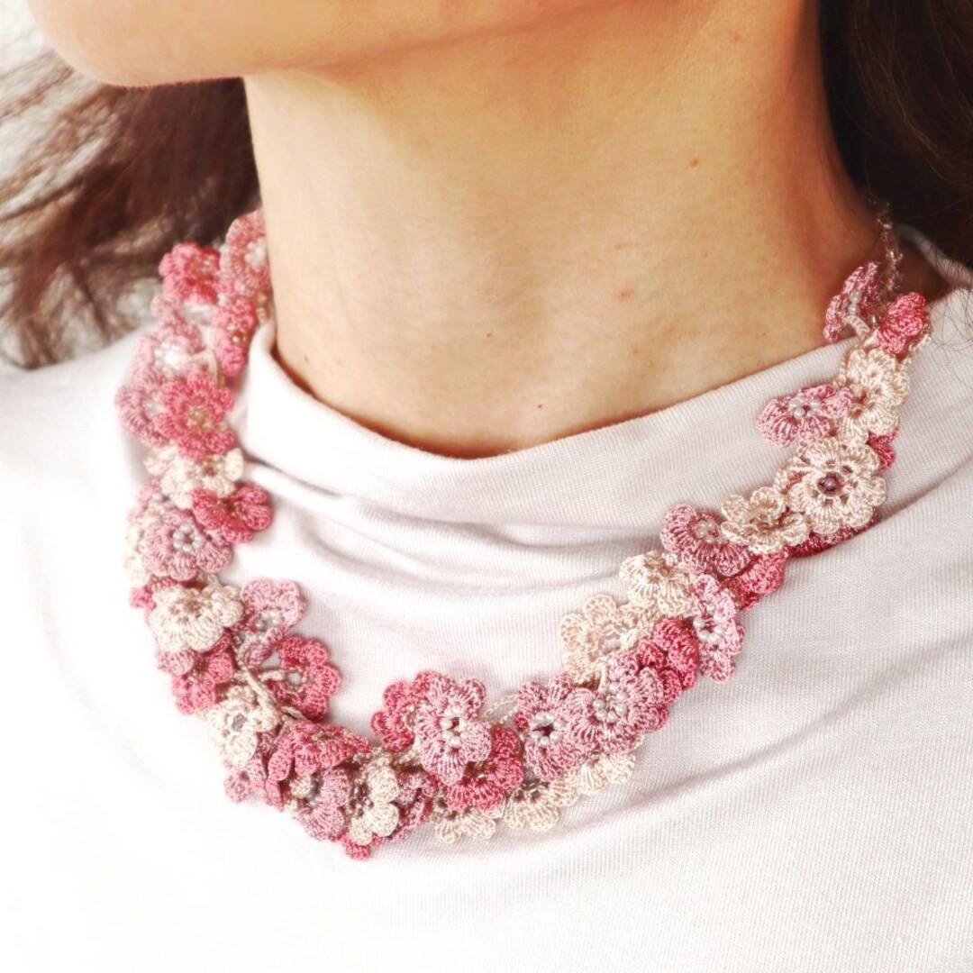 Turkish OYA Lace Necklace BIJOU Pink Crocheted Jewelry Wedding Bib ...