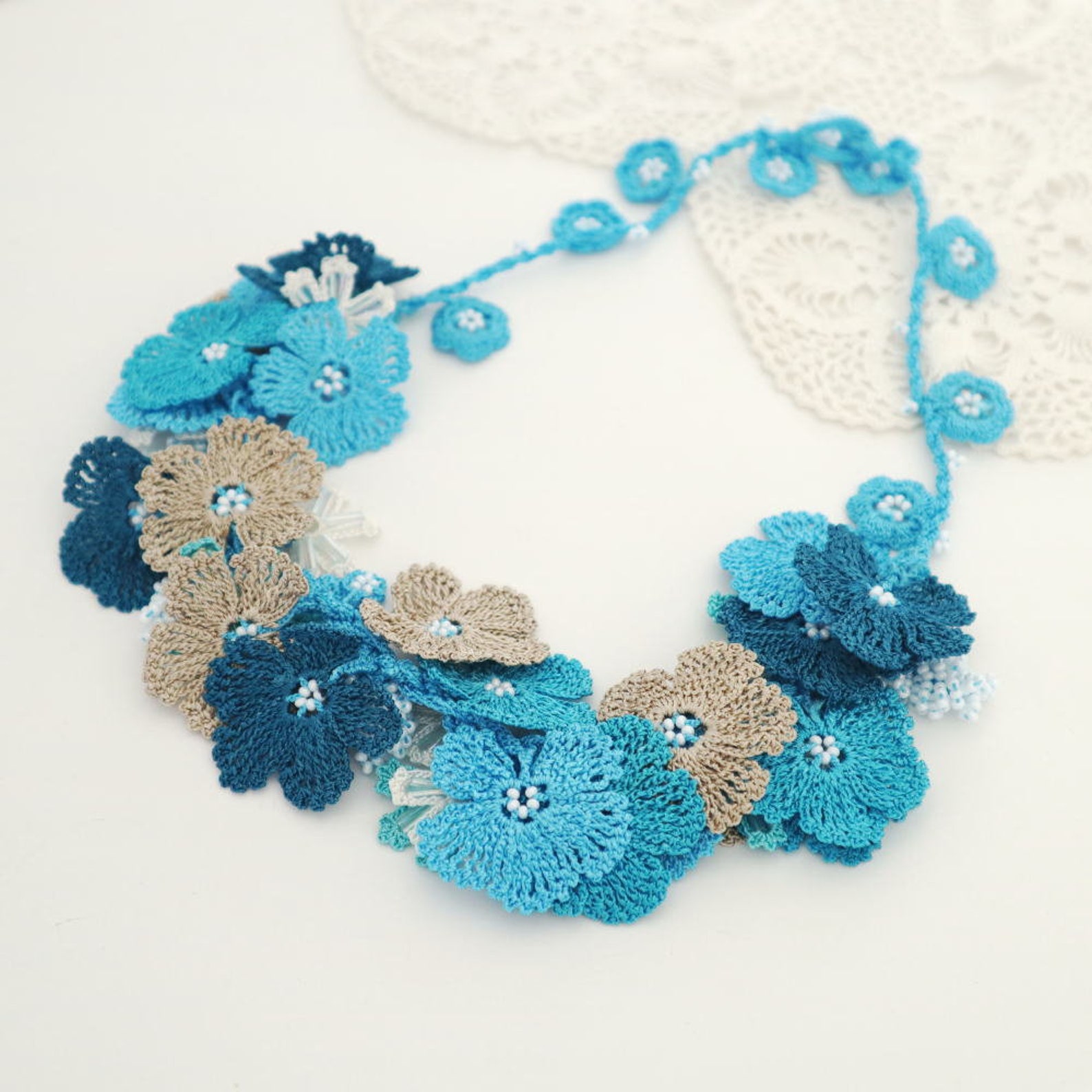 Turkish OYA Lace Necklace BIJOU Blue Coral Crocheted Jewelry - Etsy