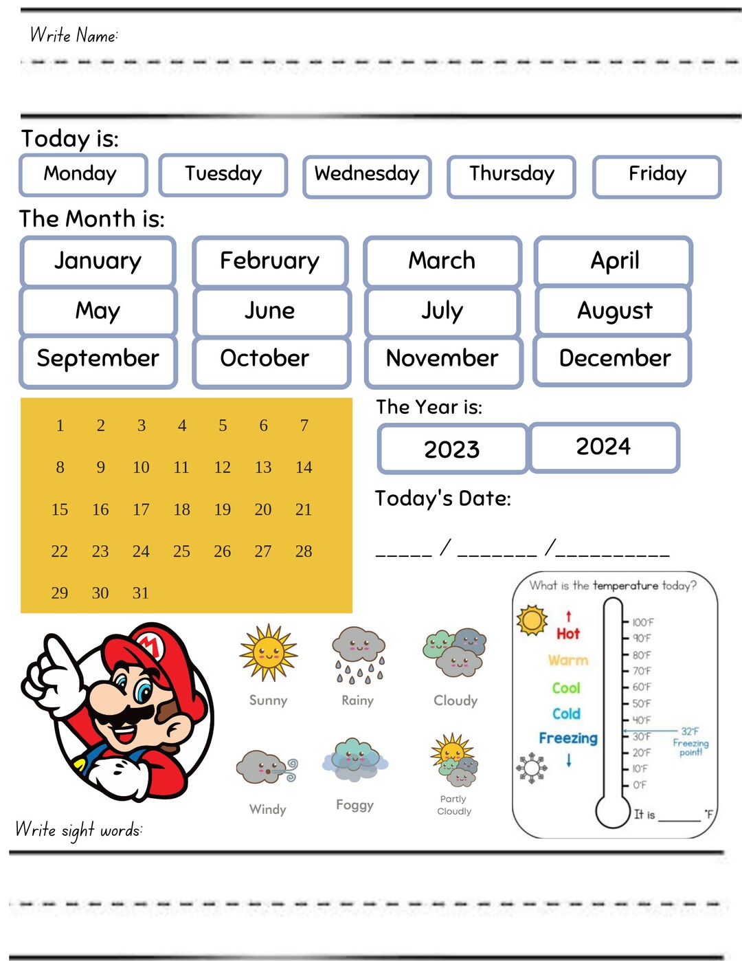 Kids Mario Morning Calendar Work. Instant Download. - Etsy