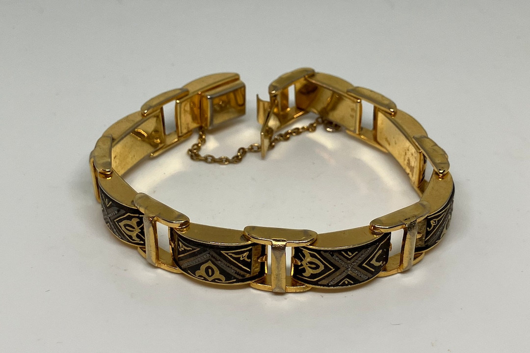 Vintage Spanish Damascene Black and Gold Enameled Link Bracelet; Gold ...