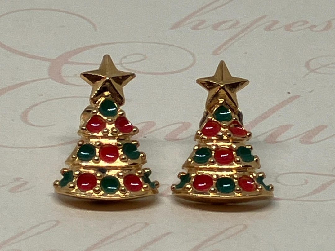 AVON Vintage Gold Tone Christmas Tree Pierced Earrings Vintage Red and ...