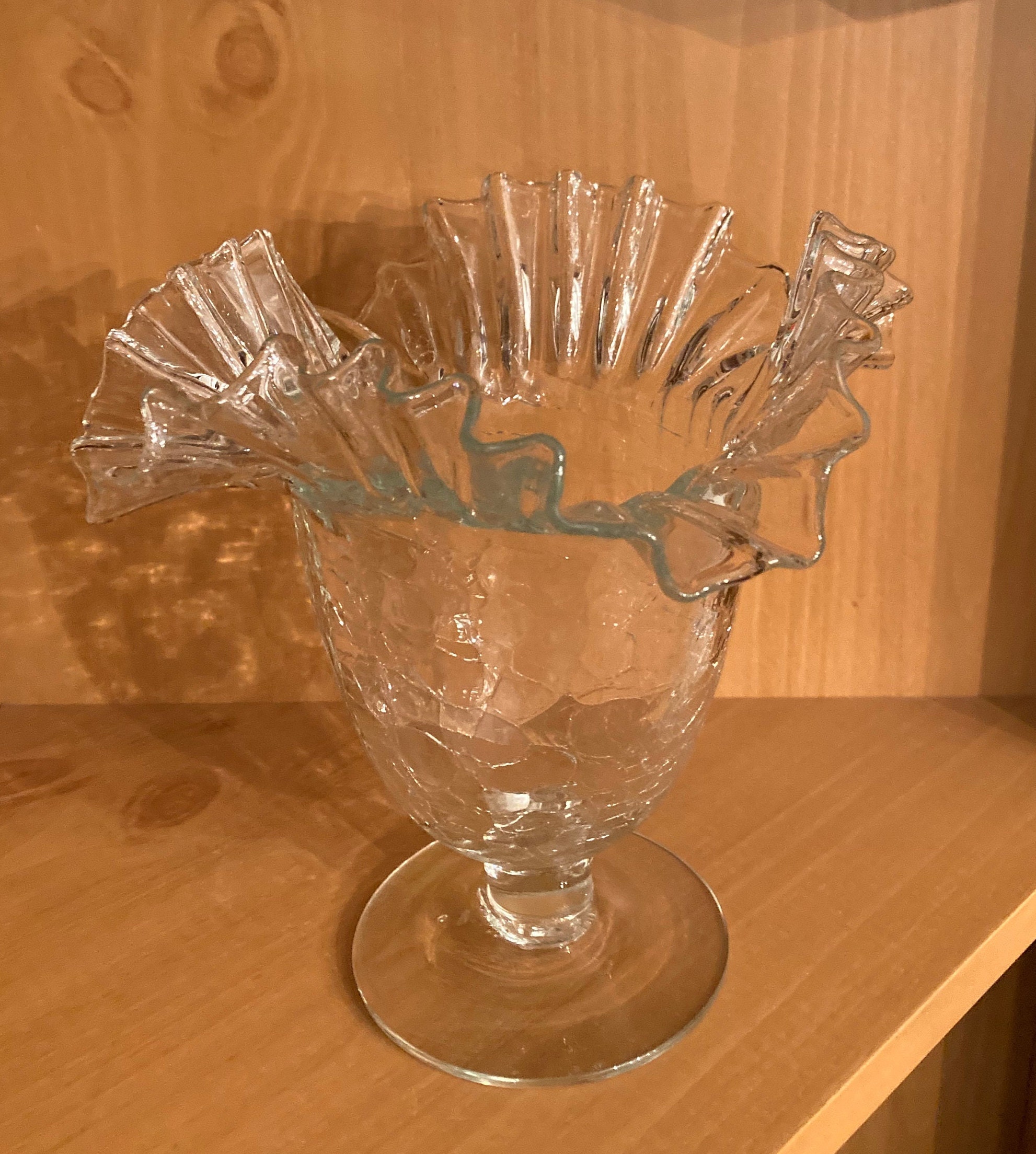 Blenko Vintage Clear Crackle Glass Double Crimped Pedestal Vase Clear ...