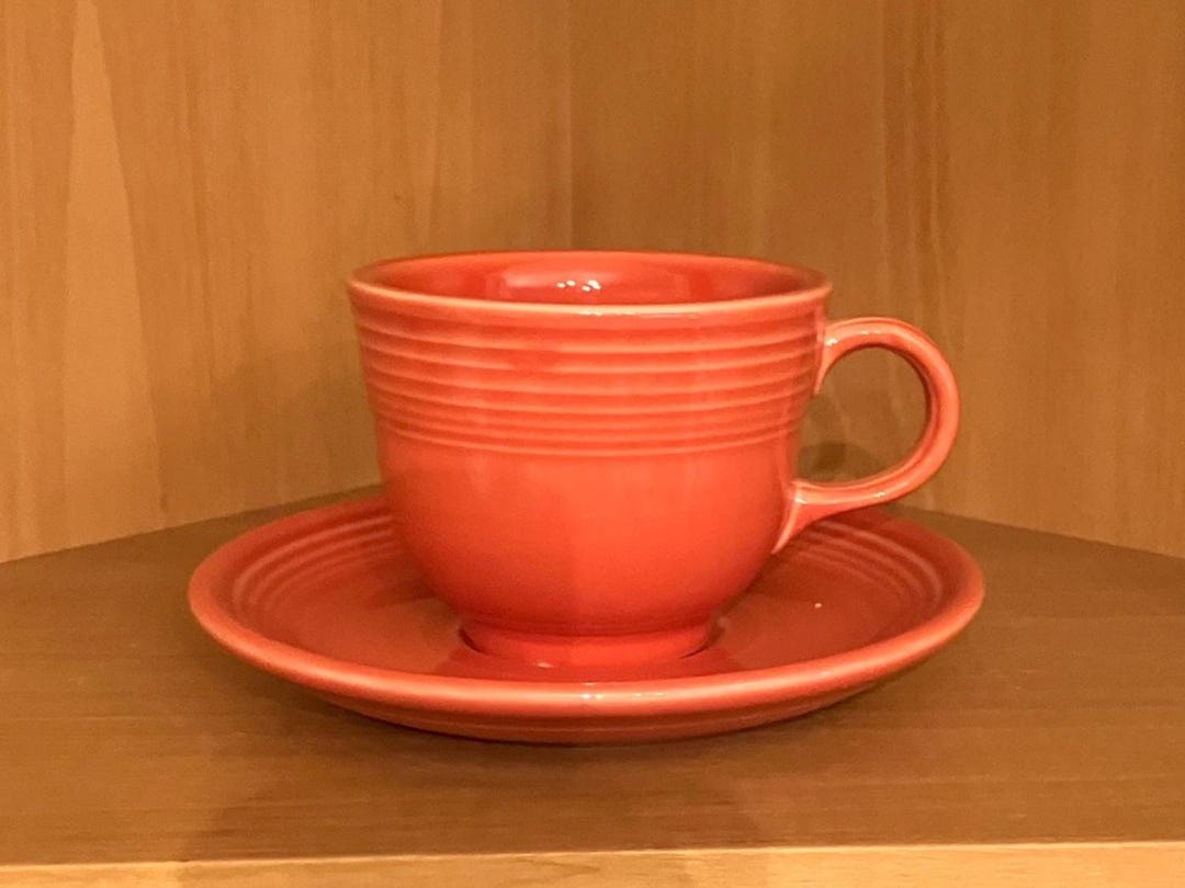 Fiesta Persimmon Flat Cup and Saucer Set; Vintage Glazed Ceramic Cup ...