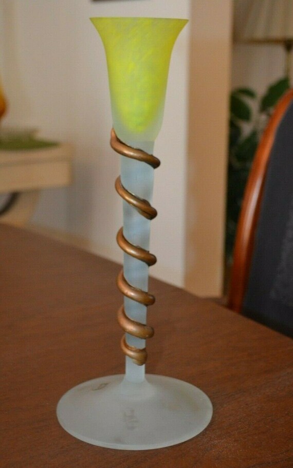 Vintage Romanian Yellow Satin Glass Candlestick Metal Snake | Etsy