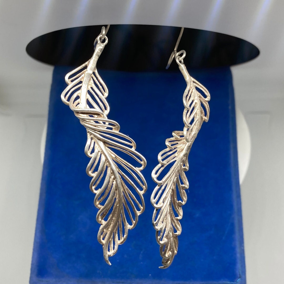 Sterling Silver Vintage Whirling Feather Dangling Earrings; Pierced ...