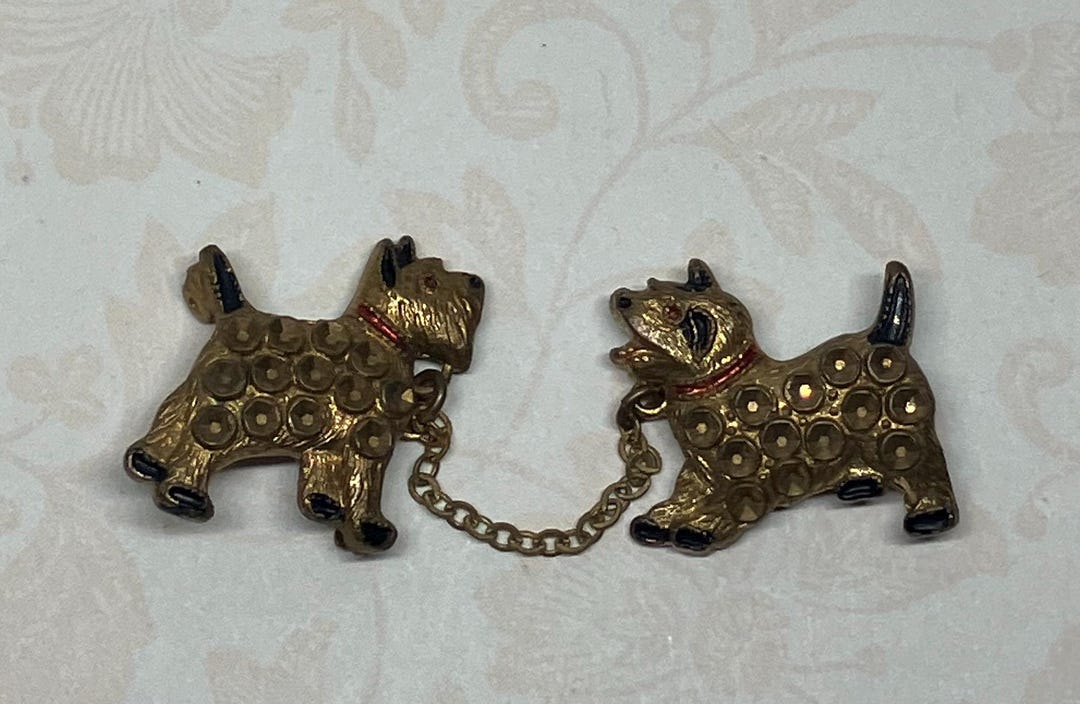 Art Deco Brassy Gold Tone Small Dog Pins Attached With a Chain; Antique ...