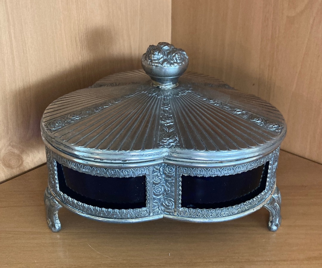 Japanese Antimony Covered Dish With Cobalt Blue Divided Glass Insert; 3 ...