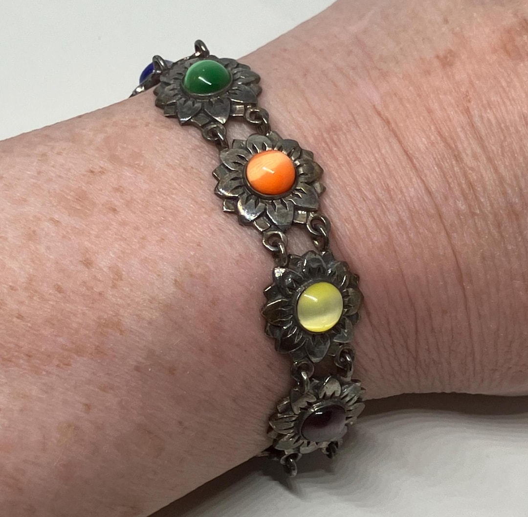 Vintage HAN Thai Sterling Silver Cats Eye Glass Flower Link Bracelet ...