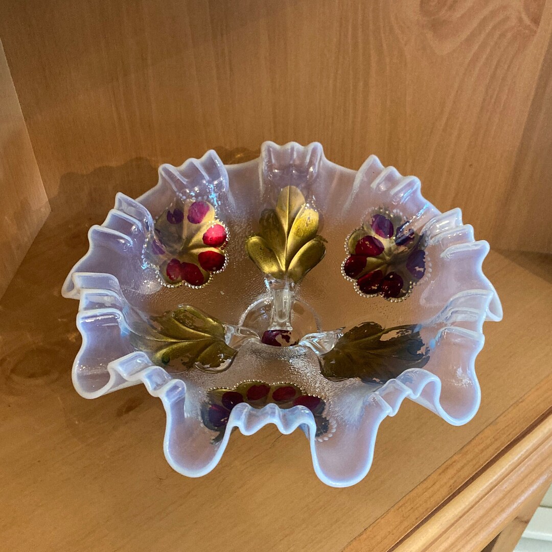 Antique Dugan Glass Opalescent Goofus Glass Crimped Footed Bowl; Dugan ...