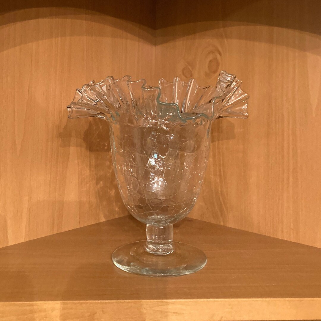 Blenko Vintage Clear Crackle Glass Double Crimped Pedestal Vase Clear ...