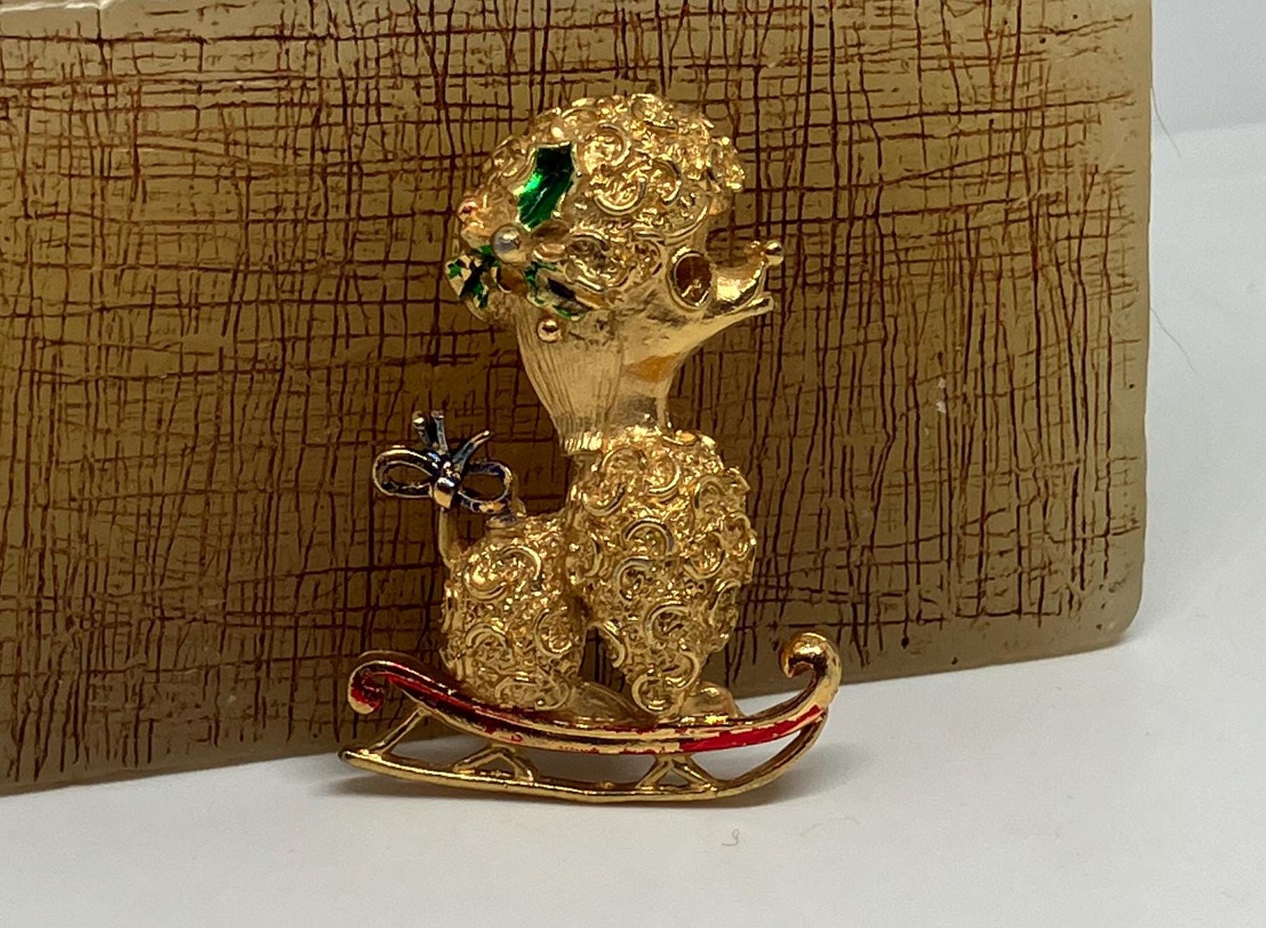 Corel Signed Vintage Gold Tone Christmas Poodle Brooch; Poodle on Sled ...