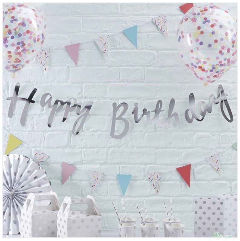 Silver Happy Birthday Banner Bunting - Etsy