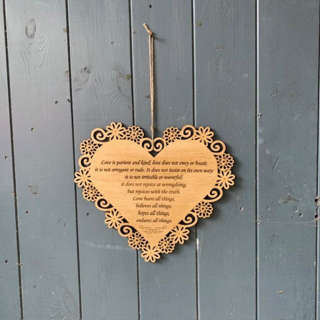 Love Endures Bible Verse Heart - Wooden 1 Corinthians 13:7 Love Quote ...