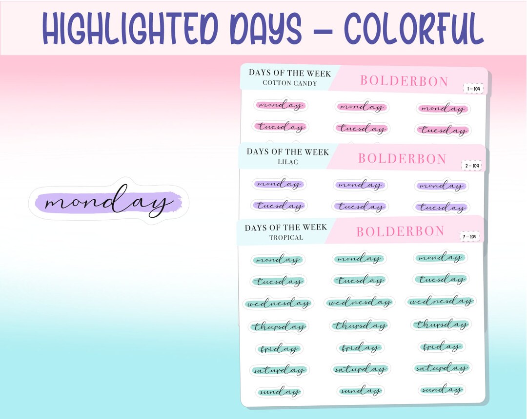 DAYS of the Week Colorful Highlighted Script, Planner Stickers, Days of ...