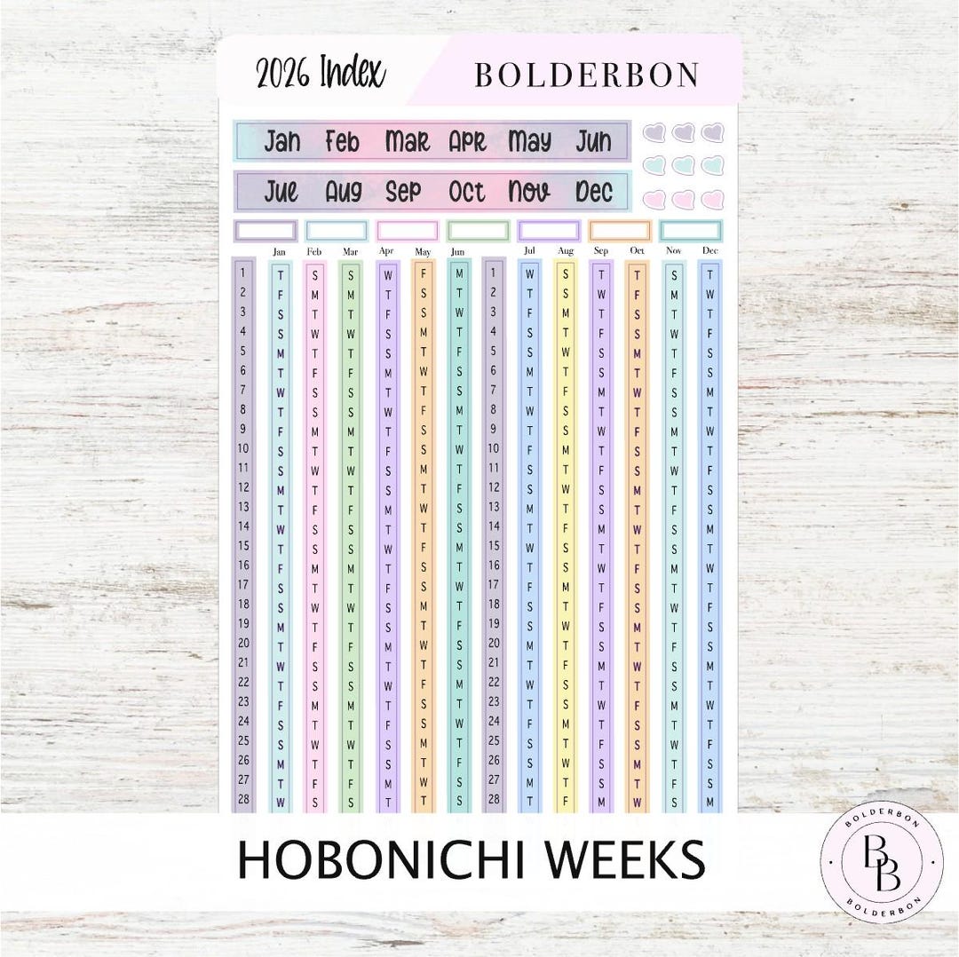 2026 YEARLY INDEX Hobonichi Weeks - Colorful || Date Strips, Monthly ...