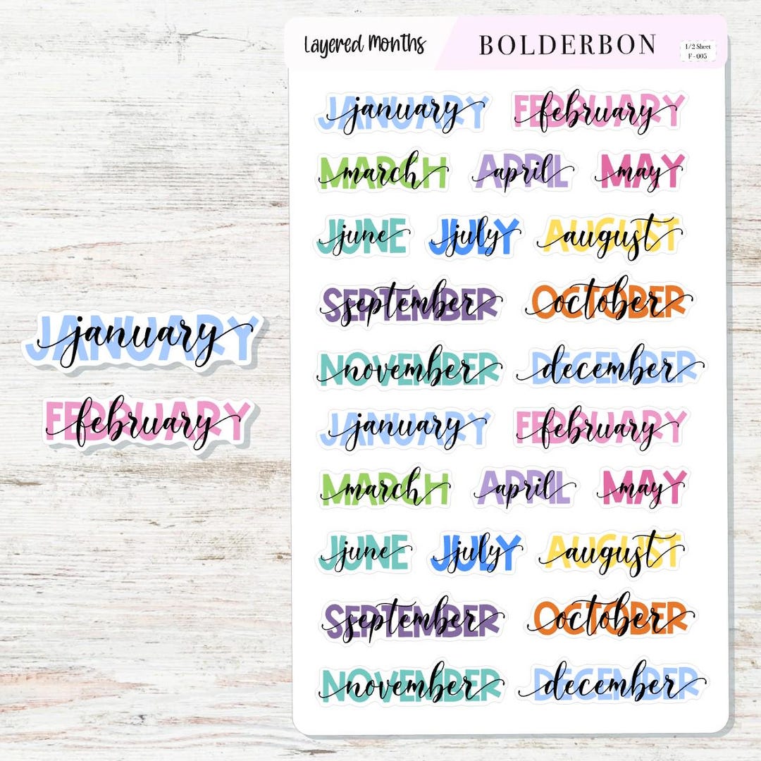 LAYERED COLORFUL Month Stickers || Script, Printed, Header, Monthly ...