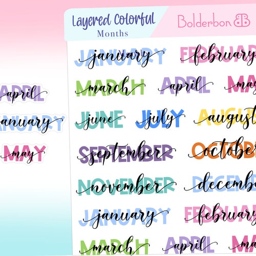 LAYERED COLORFUL Month Stickers Script Printed Header | Etsy