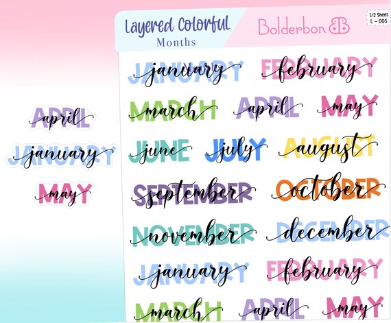 LAYERED COLORFUL Month Stickers Script Printed Header | Etsy