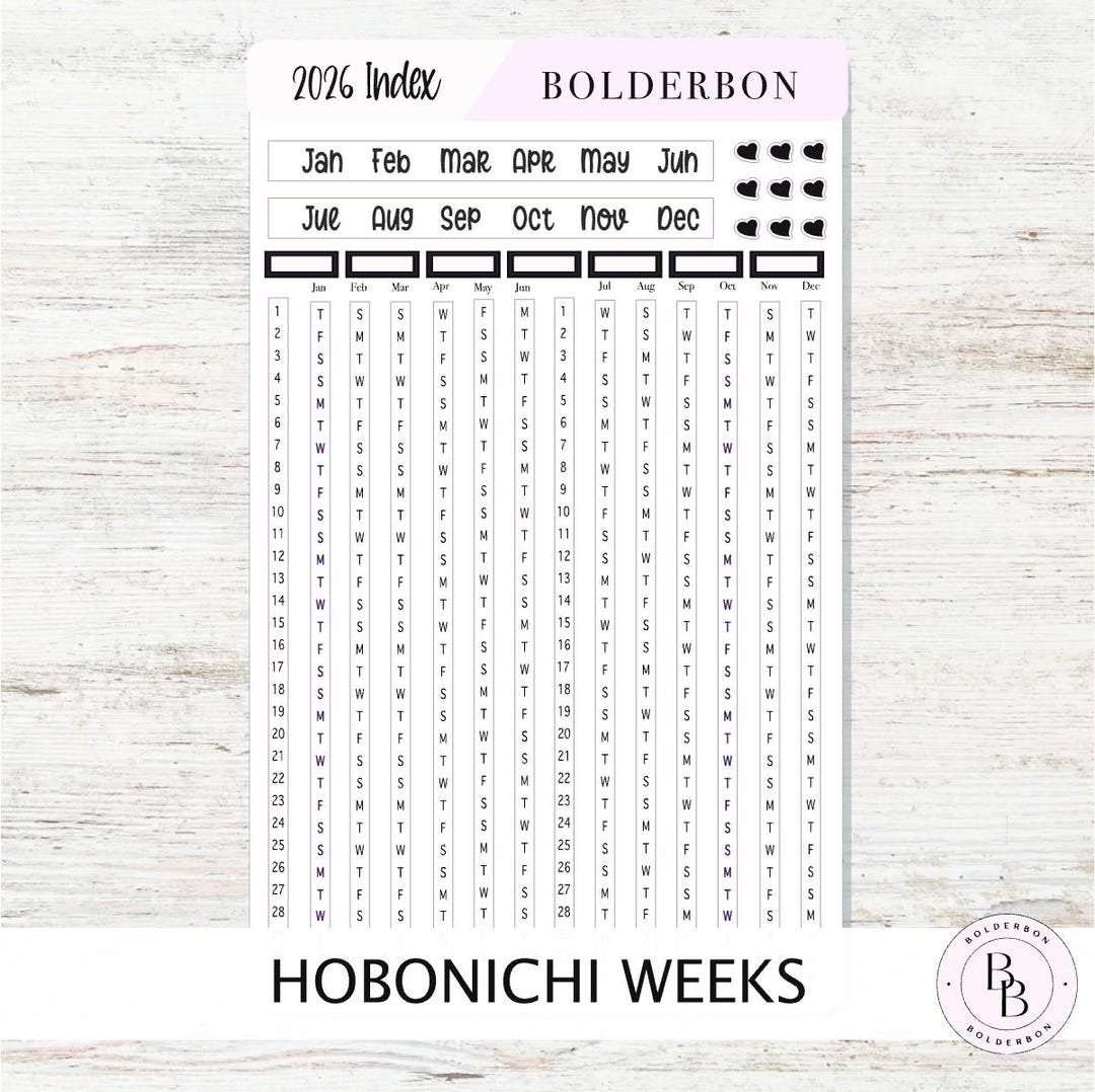 2026 YEARLY INDEX Hobonichi Weeks - SLATE || Date Strips, Monthly ...