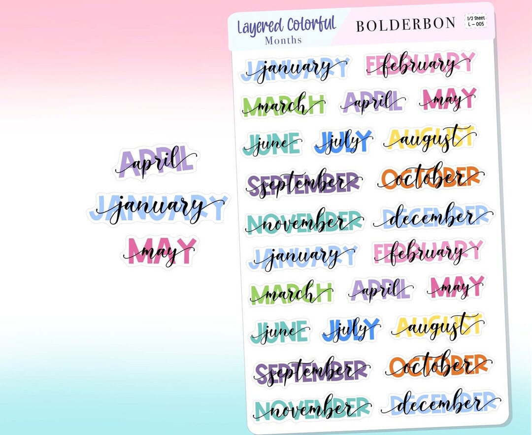 LAYERED COLORFUL Month Stickers Script, Printed, Header, Monthly ...
