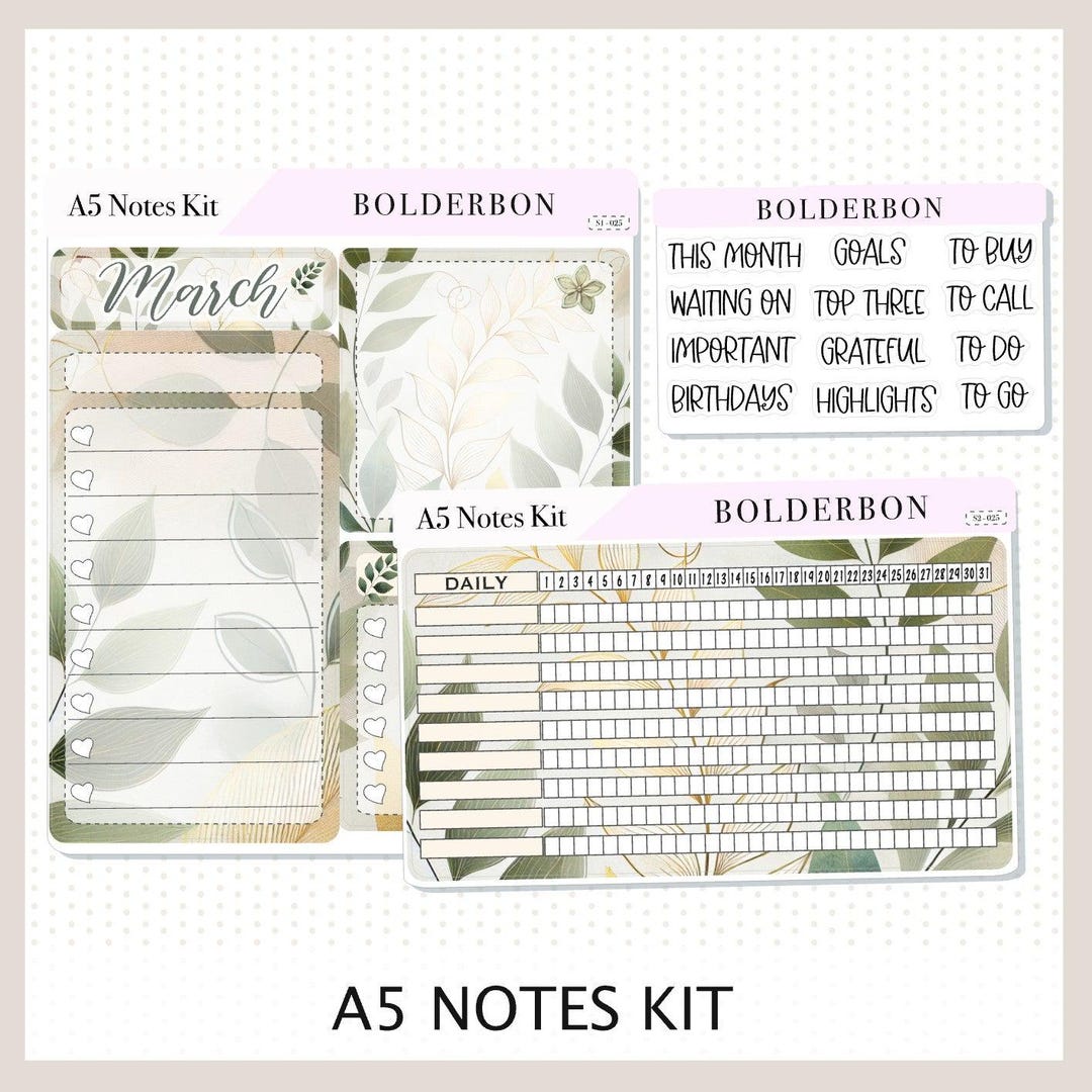 MARCH A5 NOTES KIT || A5 Planner Stickers, A5 Compact Vertical, A5daily ...