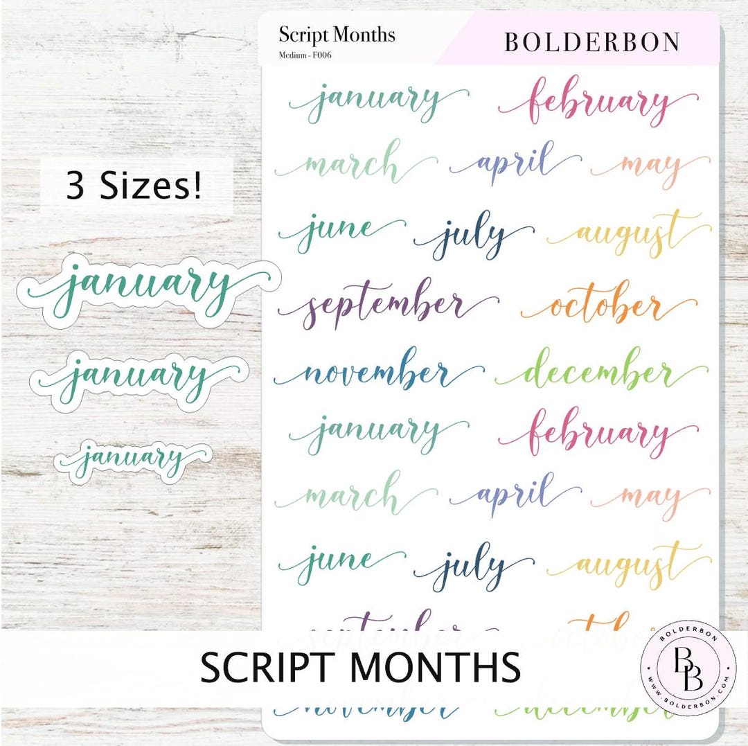 SCRIPT MONTH Colorful Stickers || Monthly Planner Divider Label ...