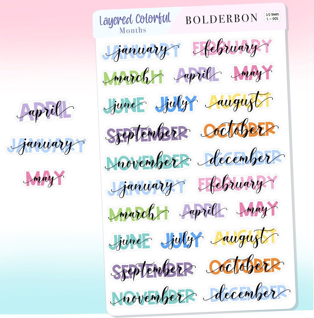 LAYERED COLORFUL Month Stickers Script, Printed, Header, Monthly ...