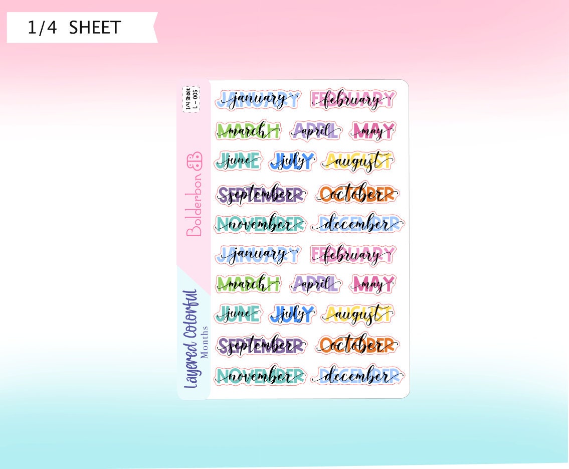 LAYERED COLORFUL Month Stickers Script Printed Header | Etsy