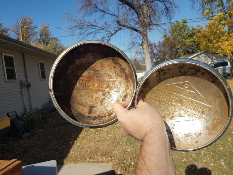 Vintage Set of 2 7 1/2 Chrome Baby Moon Embossed Hubcaps Shore Station ...