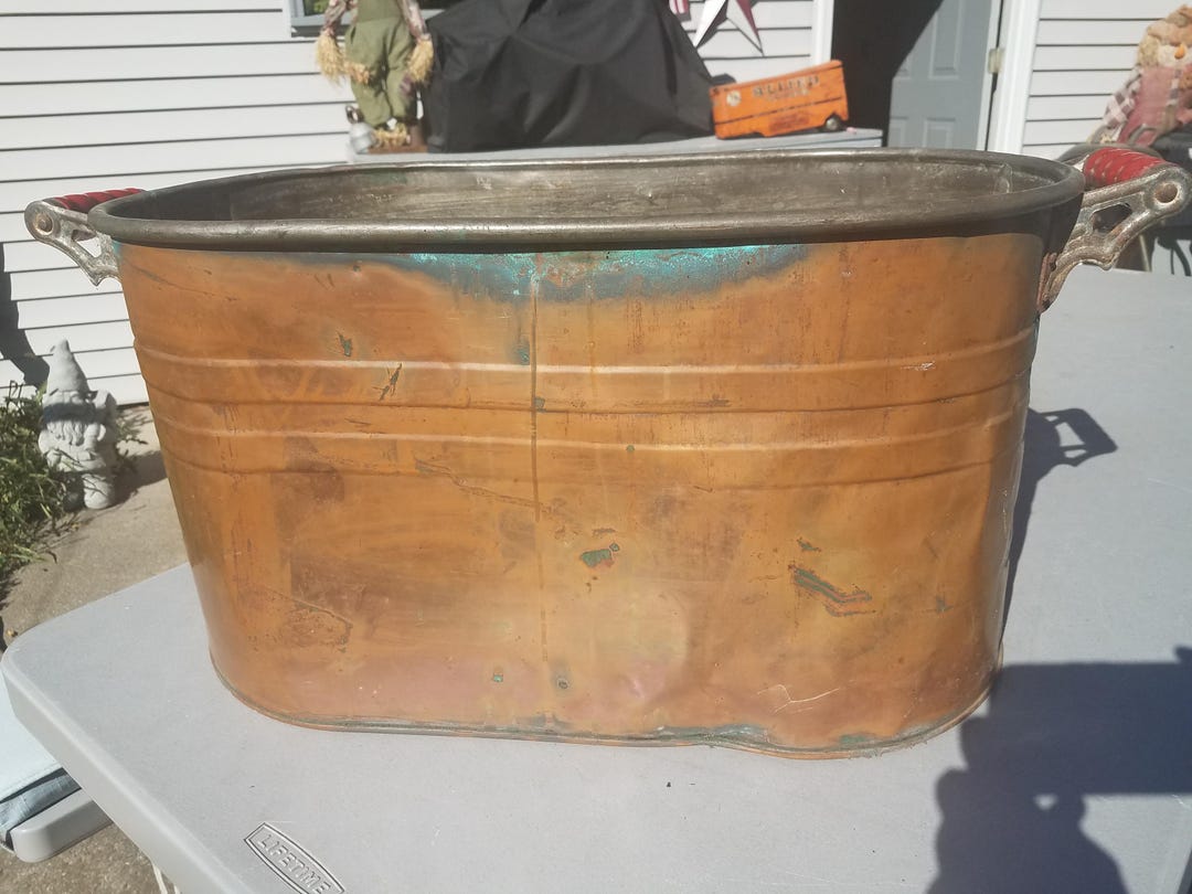 Antique Primitive Rustic Copper Boiler Cooker Wash Tub W/ Red Wood ...