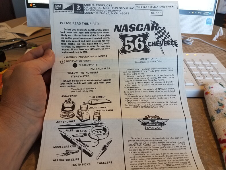 Vintage Nascar 56 Jim Hurtubise Chevelle Model Car Instruction Sheet ...