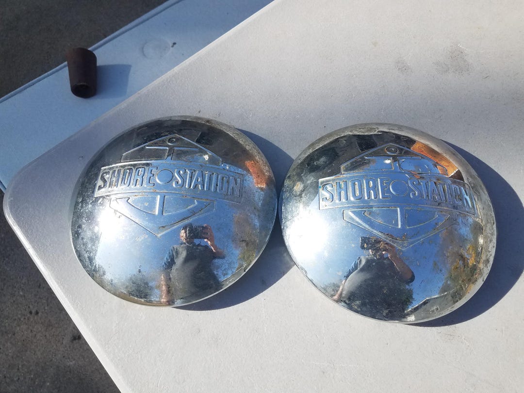 Vintage Set of 2 7 1/2 Chrome Baby Moon Embossed Hubcaps Shore Station ...