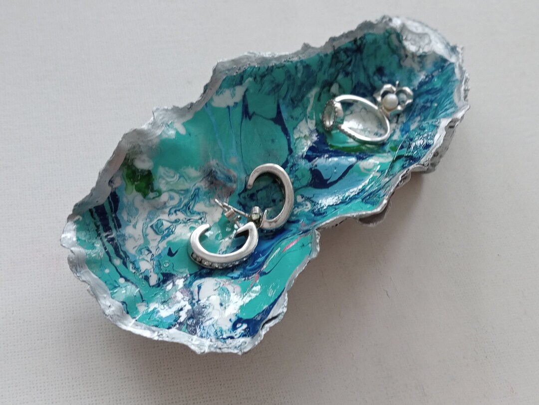 Big Oyster Sea Shell for Jewelry Dish Silver Painted With Marbled ...