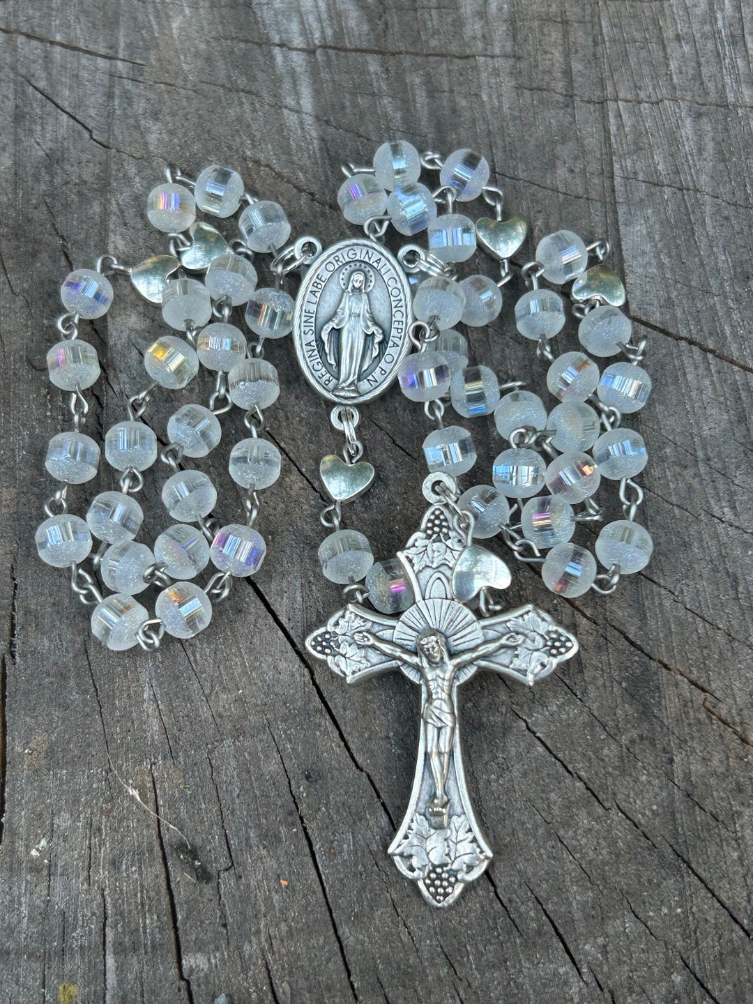 Handmade Frosted Glass Catholic Rosary: Miraculous Mary Centerpiece - Etsy