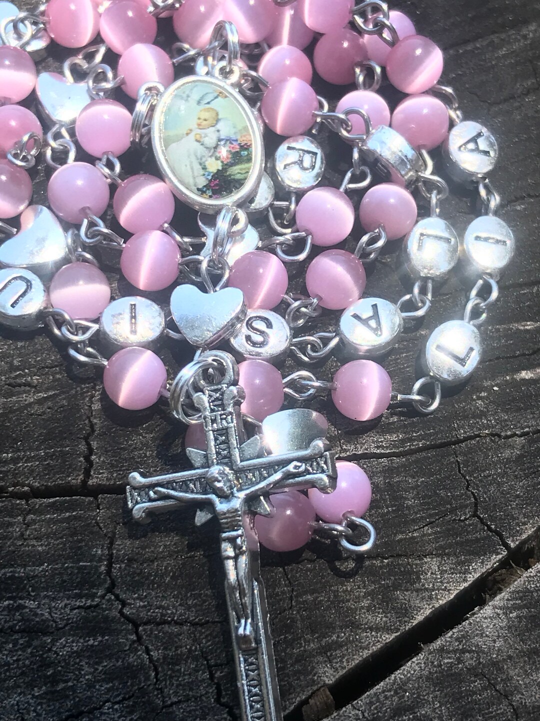Personalized Baptism Rosary: Pink Cats Eye Beads, Silver Hearts - Etsy