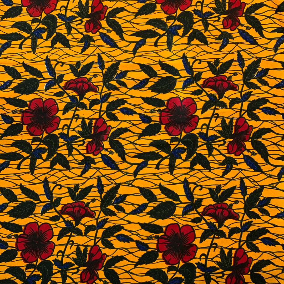 Hibiscus Ankara Fabric: Golden Yellow & Red African Print Cotton - Etsy