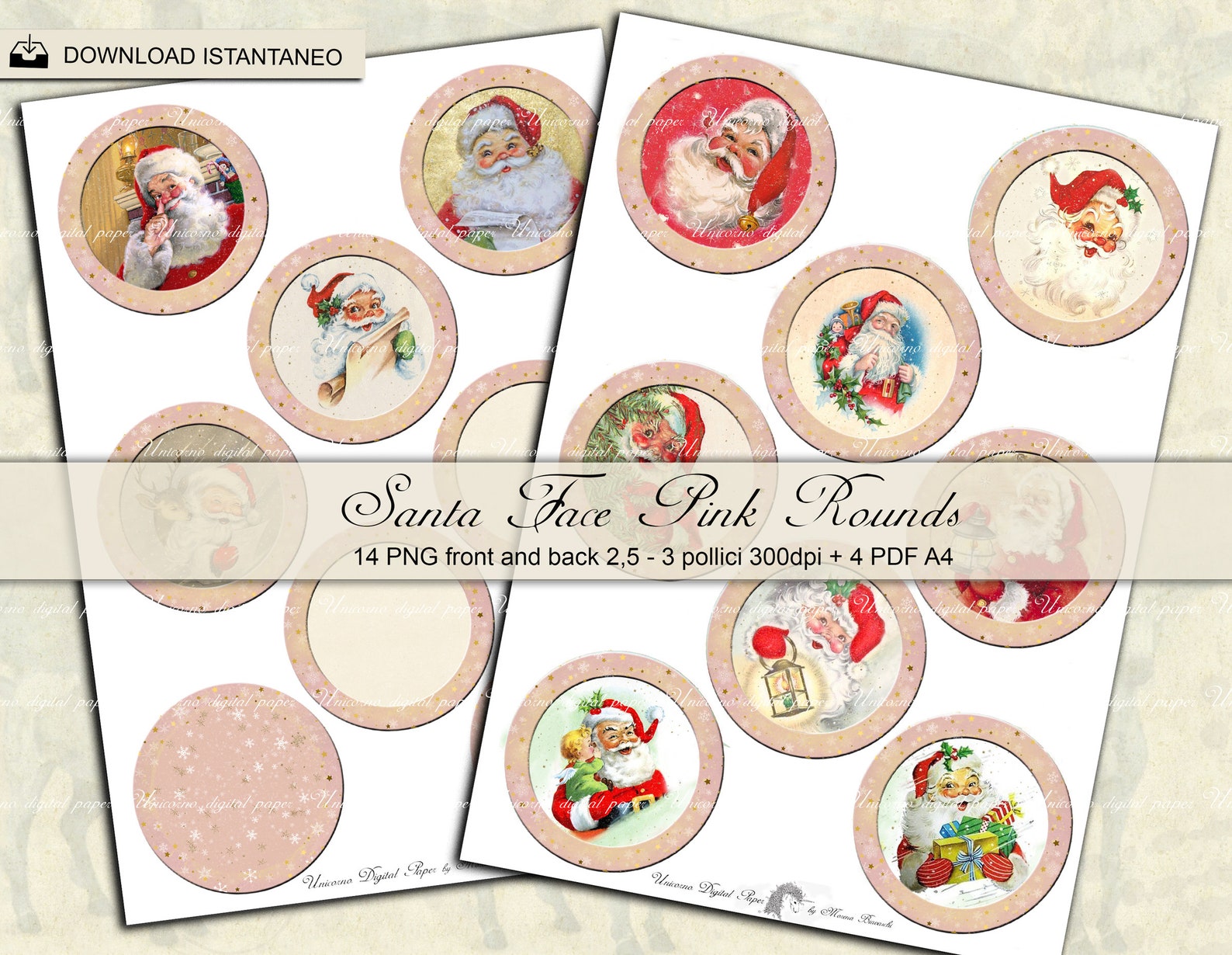 Santa Faces Vintage Printable Digital Download, Circles 3 Inch. 2,5 ...
