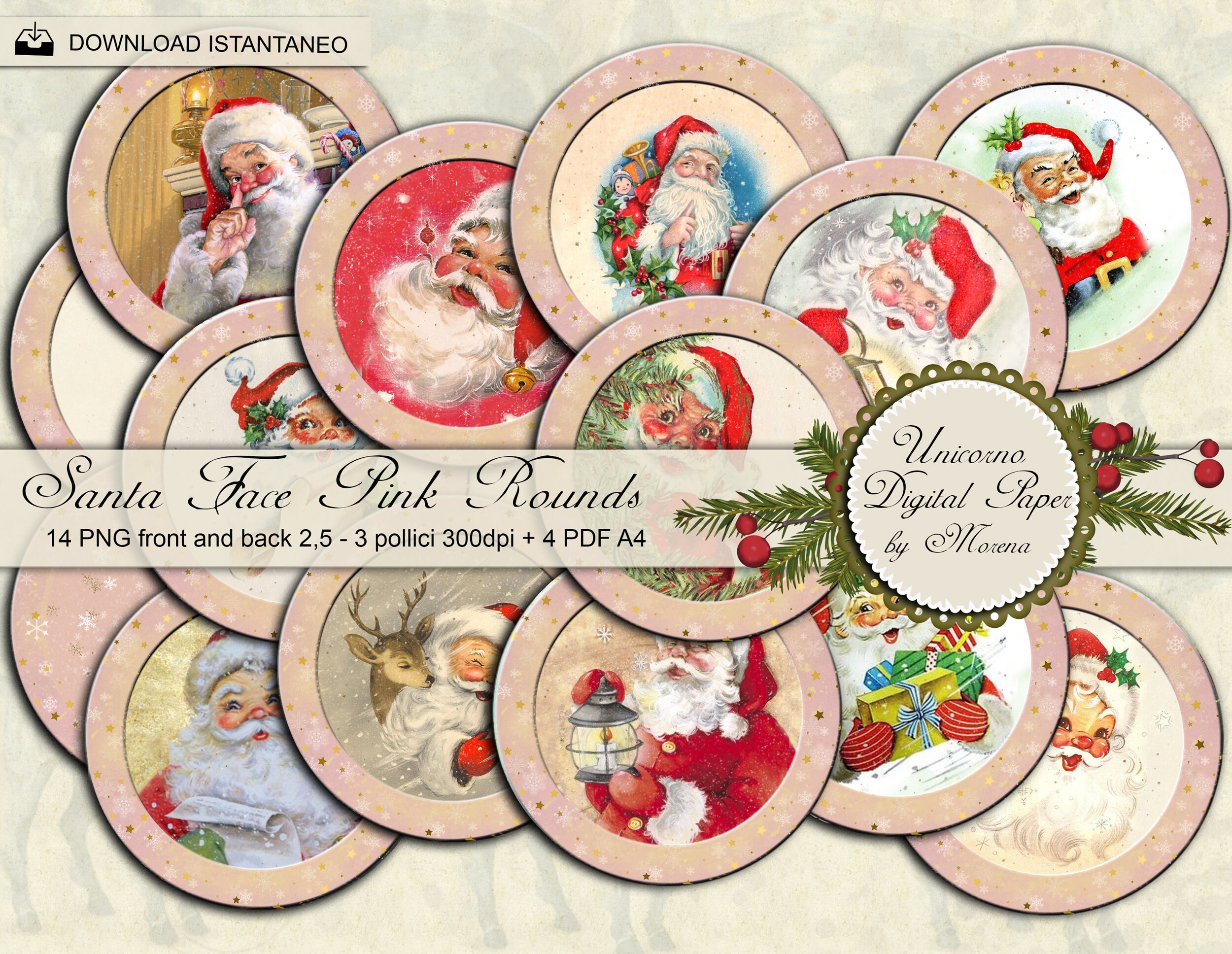 Santa Faces Vintage Printable Digital Download, Circles 3 Inch. 2,5 ...