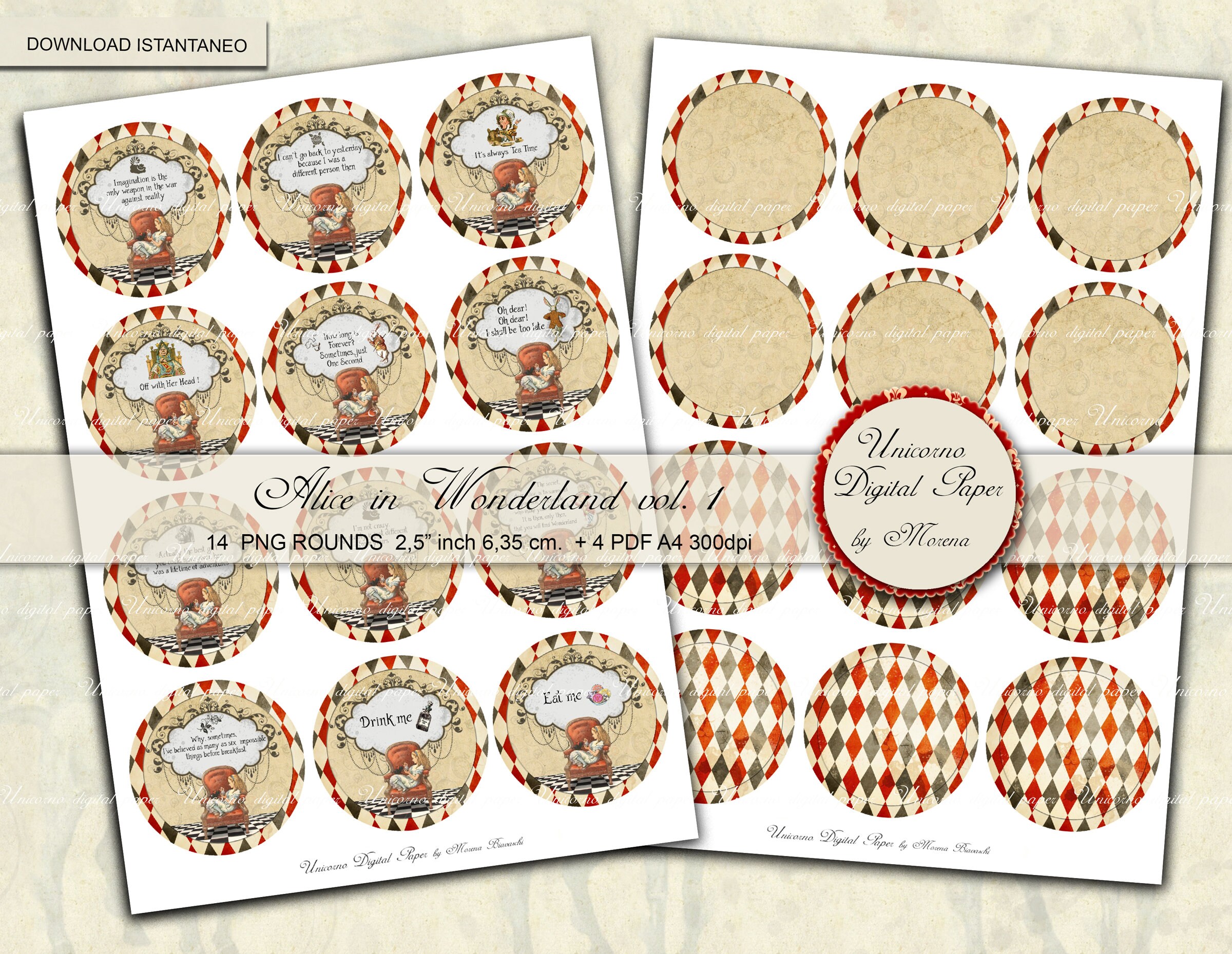 VINTAGE ALICE ROUND, 2.5 / 3 Inch. Sheets Digital Images, Printable ...